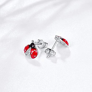 Ladybug Studs Earrings, 925 Sterling Silver with Cubic Zirconia, Hypoallergenic for Sentitive Ears, Miraculous Ladybug Jewelry Mother Day Gift for Women Girlfriend Daughter with Gift Box