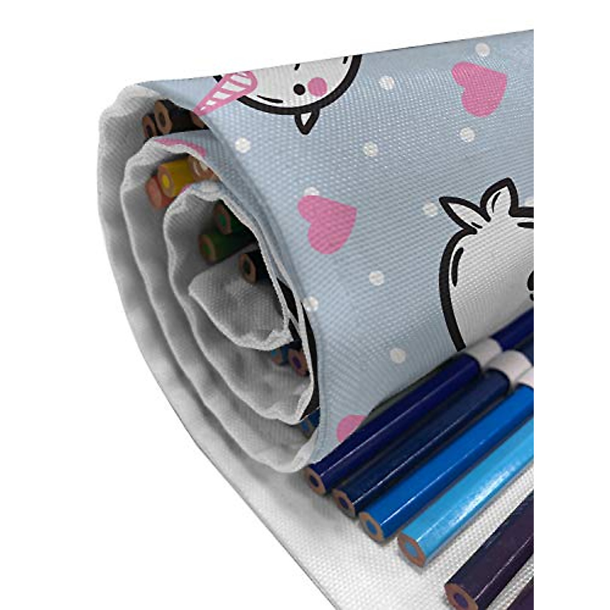 Ambesonne Narwhal Roll Up Pencil Holder, Cartoon Styled Whales with Polka Dots and Hearts Background Doodle Design, Painting Drawing Pencils Case for Artists Students, 36 Loops, Blue Pink
