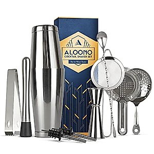 11-Piece Silver Boston Cocktail Shaker Set Bartender Kit | Drink Mixer Bar Set | Cocktail Set Bar Accessories: Martini Shaker, Strainer, Jigger, Muddler, Spoon, & More