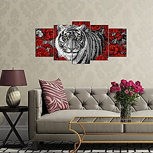 Kalormore Black and White Tiger Canvas Wall Art 5 Pieces Animal Wildlife Cool Tiger in Burgundy Red Flowers Painting Prints Gallery Wrap Artwork for Living Room Bedroom Home Office (L-50 xH-24)