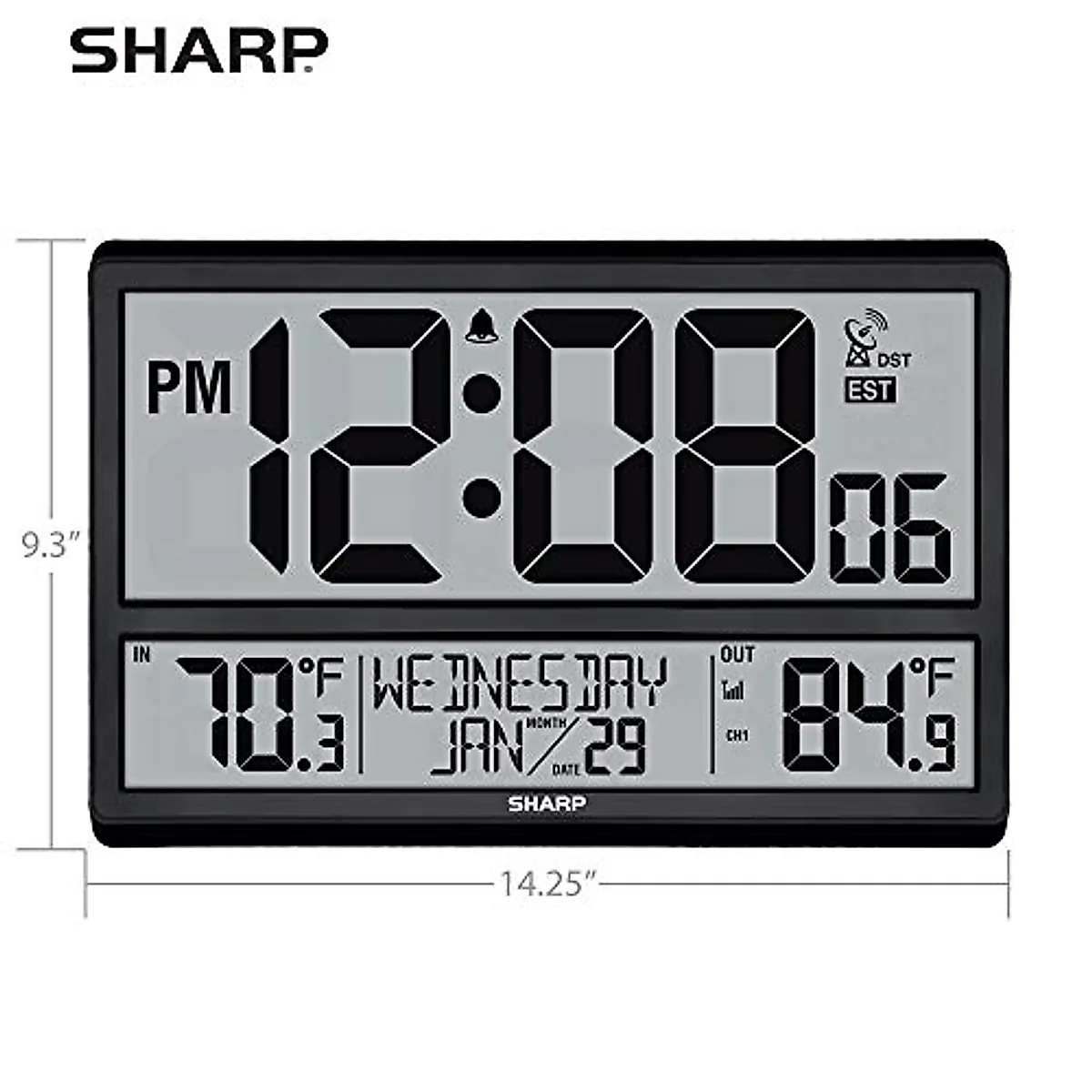 SHARP Atomic Clock - Never Needs Setting! –Easy to Read Numbers - Indoor/Outdoor Temperature, Wireless Outdoor Sensor - Battery Powered - Easy Set-Up!! (4" Numbers)