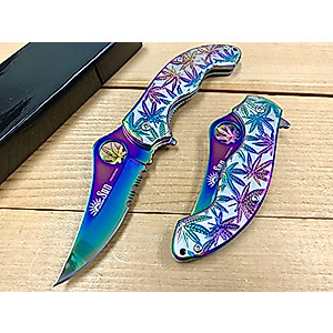 Super Knife 7.5" Rainbow Leaf Spring Assisted EDC Folding Lexury Pocket knife