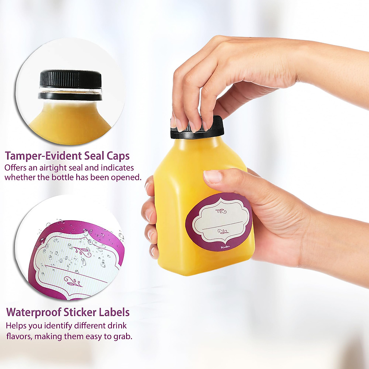 DilaBee Plastic Juice Bottles with Caps - 12 Pack 8oz Small Reusable Water Bottles with Lids for Juicing - Clear Mini Drink Containers for Fridge with Black Tamper Evident Seal