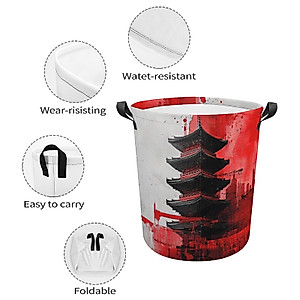 Japanese Laundry Basket, Nature Landscape Collapsible Laundry Hamper, Waterproof Oxford Cloth Laundry Bag with Handles, Pavilion Clothes Toy Organizer Basket for Room