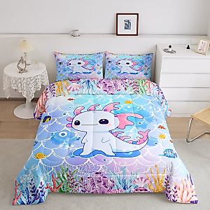 Cartoon Axolotl Kids Comforter Set Twin Size,Mermaid Scales Marine Romantic Bedding Set,Girls Boys Women Room Decor,Ocean Animals Cute Down Comforter,Blue Purple Dreamy Duvet Insert,1 Pillowcase