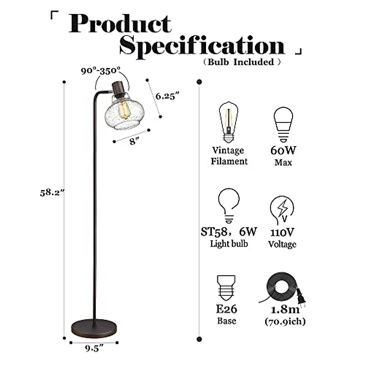 ELYONA Farmhouse Standing Light, Bubble Glass Tall Pole Lamp, Adjustable Industrial Floor Lamp for Bedroom Living Room Office, Edison 6W Bulb Included, Oil Rubbed Bronze Finish