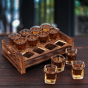 Vivimee Shot Glass Holder Set with 12 Clear Shot Glasses, 2.3 oz Square Shot Glasses Set with Rustic Burnt Wood Serving Tray, Crystal Shot Glass for Whiskey, Tequila, Liqueurs, Party & Collection