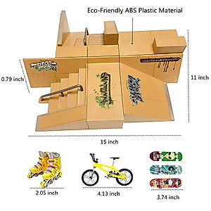 Skate Park Kit, Finger Skateboard Ramp Set -1 Finger Bike -3 Finger Skateboards -1 pair of skates and 8PCS Skate Parks for Finger Skateboard Ultimate Parks Training Props and Finger Toys