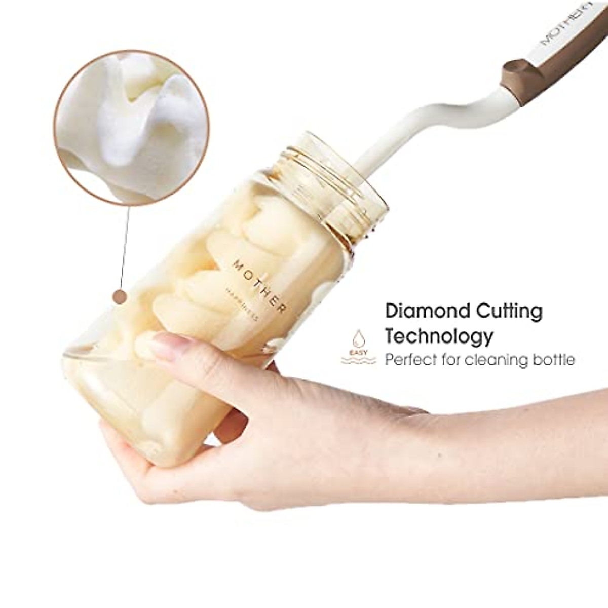 MOTHER-K Rotating Bottle Brush with Nipple Brush, for Baby Bottle, Water Bottle, Vase, and Glassware (Brown)