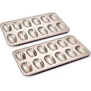 HONGBAKE Nonstick Madeleine Pan 2 Pack 12-Cavity Heavy Duty Madeleine Cookies Trays for Oven Baking, Warp Resistant Shell Shape Madeleine Mold Cake Pan, Champagne Gold
