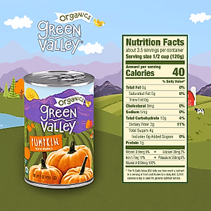Green Valley Organics Pumpkin | Certified Organic | 100% Dickinson Variety | Sweet Earthy Delicious | Firm & Smooth | Vibrant Autumn Orange | American Grown & Made | 15 oz (Pack of 4)
