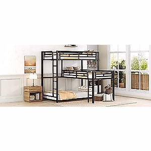 Twin Bunk Bed, Black Twin Bed L-Shaped Metal Triple Bed Frame for Kids and Toddlers, Non-Slip and Noise-Free