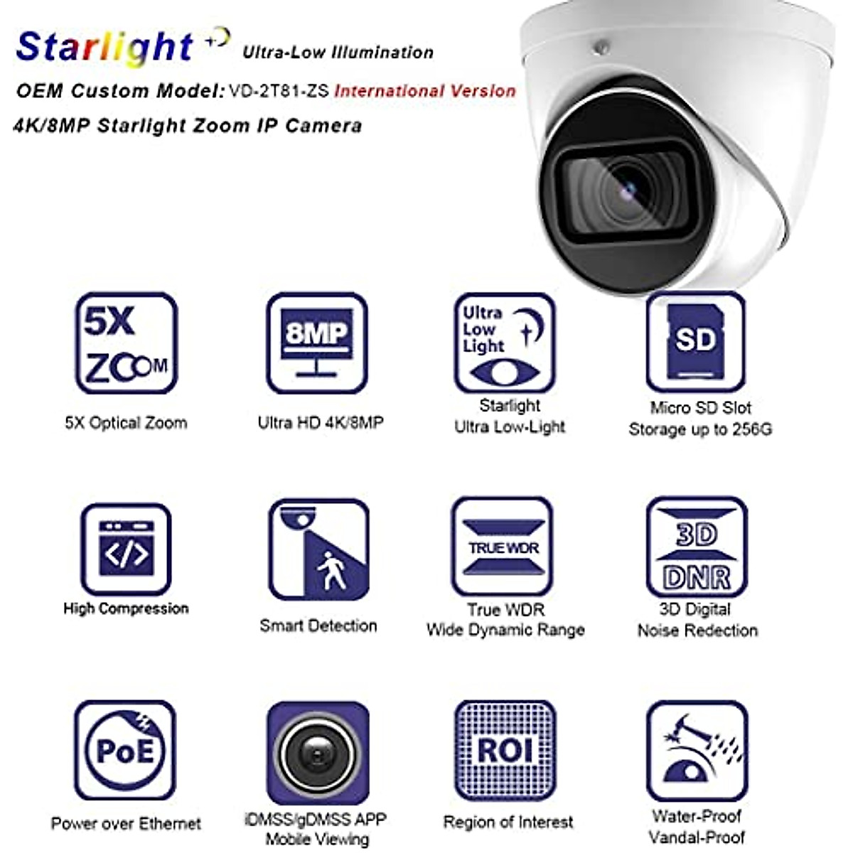 VIKVIZ Starlight 8MP IP Poe Camera with 5X Optical Zoom 2.7-13.5mm,196ft Night Vision,SD Card Slot,WDR,IP67,IVS,4K 8MP Zoom Security Poe Camera