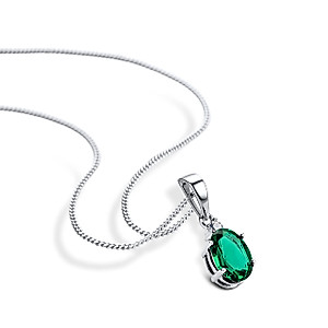 Orovi 14K 585 White Gold Oval Stud Pendant Necklace for Women with Dainty 925 Sterling Silver Chain - Created Emerald May Birthstone Pendant - Handcrafted Gift- Gold Necklace Gift for Women