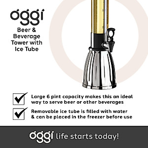 OGGI Beer Tower 3L/100oz - Beverage Dispenser with Spigot & Ice Tube, Margarita Tower, Mimosa Tower, Perfect Drink Dispensers for Parties, Drink Tower, Holds 6 Pints of Beer – Stainless