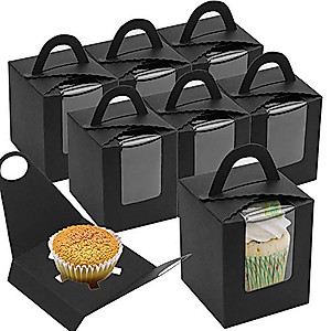 BILLIOTEAM 60PCS Black Single Cupcake Boxes, Clear Window Inserts Handle Cupcake Muffins Cupcake Carriers Pastry Containers Bakery Wrapping Party Favor Packing For Wedding Cupcake Favor Boxes