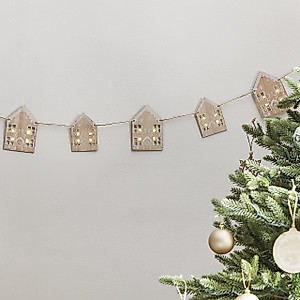 Ginger Ray Wooden Gingerbread House Christmas Bunting with Light Up Windows, Brown