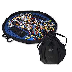 Lay-n-Go 4-in-1 Drawstring Toy Storage Organizer Mat - Durable Machine Washable Drawstring Bag for Lego & Other Toys - Easy-to-Clean Pull String Bag w/ 4 Mesh Pockets & Raised Lip (44”, Blue/Black)
