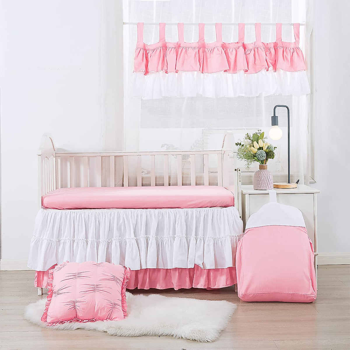 6 Pieces 100percent Cotton Toddler Crib Bedding Sets for Girls Pinch Pleat Lightweight Baby Comforter Set Dust Ruffle White Pink Pink and White