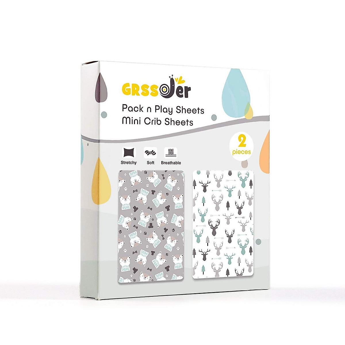 GRSSDER Stretchy Ultra Soft Jersey Knit Fitted Pack n Play Sheets 2 Pack, Playard Sheets for Baby Girls and Boys, Universal Fit for Pack N Plays Safe and Snug, Cute Bear and Deer