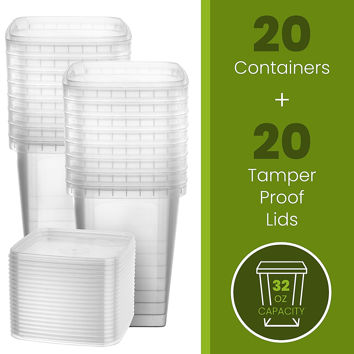 32-oz. Square Clear Deli Containers with Lids | Stackable, Tamper-Proof BPA-Free Food Storage Containers | Recyclable Space Saver Airtight Container for Kitchen Storage, Meal Prep, Take Out | 20 Pack