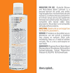 Lube Life Silicone and Water-Based Hybrid Lubricant, Long Lasting Lube for Men, Women and Couples, 8 Fl Oz