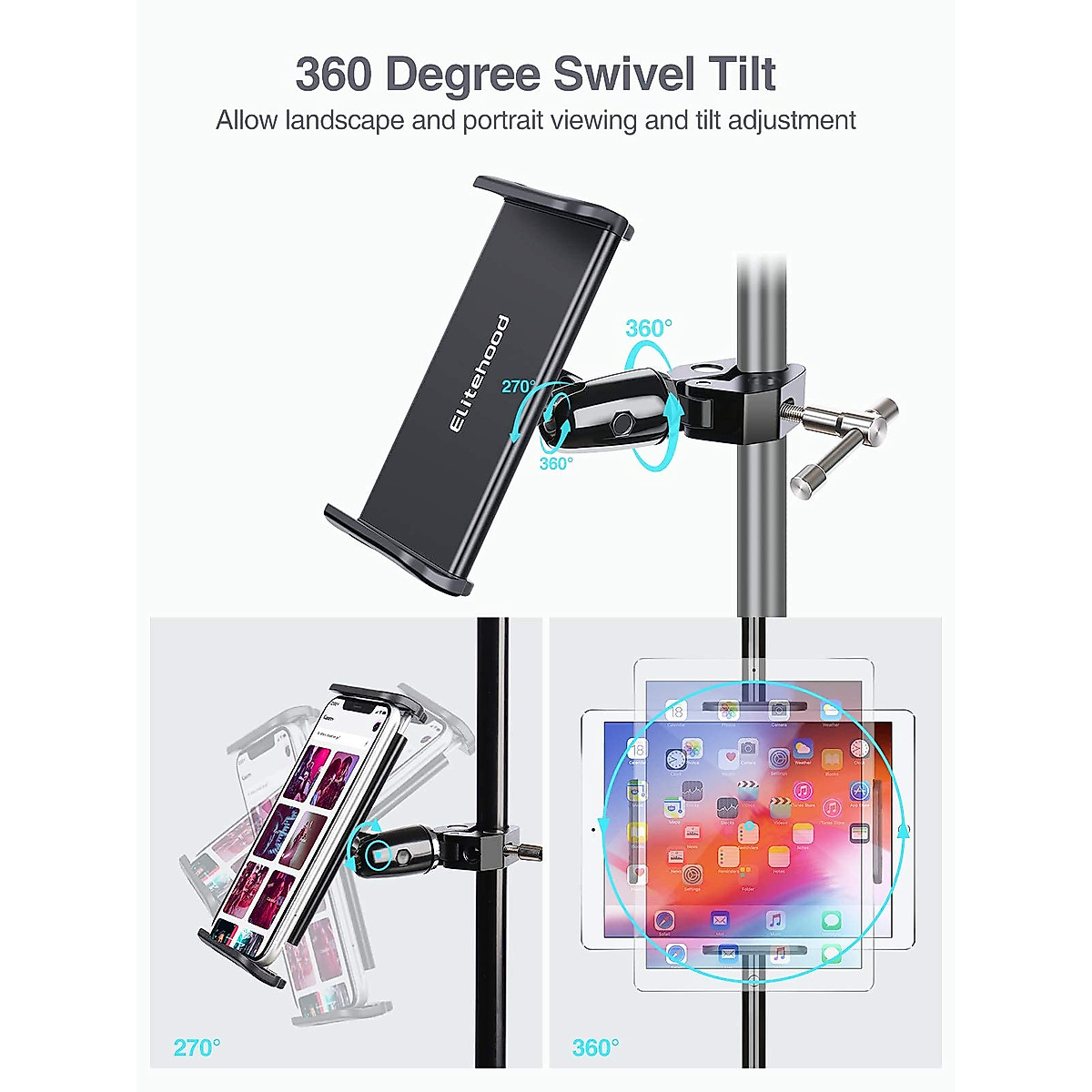 elitehood Metal iPad Mic Stand Holder, 360° Swivel Tilt Microphone Stand Phone Holder Mount, Aluminum Tablet Clamp Adapter for All Phone, iPad Pro 12.9/11, iPad, iPad Mini Air and More 4-12.9" Tablet