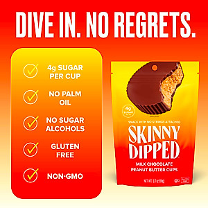 SkinnyDipped Milk Chocolate Peanut Butter Cups, 4g Sugar, Low Sugar, No Palm Oil, Gluten Free, 3.2oz Bag, 4 Pack (24 Cups Total)