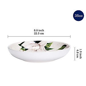 Bico Magnolia Floral Ceramic 12 pcs Dinnerware Set, Service for 4, Inclusive of 11 inch Dinner Plates, 8.75 inch Salad Plates and 35oz Pasta Bowls, for Party, Microwave & Dishwasher Safe