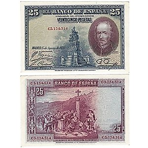 1928 ES LOVELY 1928 25 PESETA BANKNOTE w BARCA (SPAIN'S SHAKESPEARE) by BRADBURY WILKINSON 25 Pesetas Crisp AU