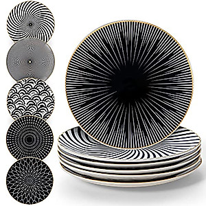 Sanbege 6 Pcs Porcelain Salad Plates, 8" Ceramic Serving Plates, Mix Match Dishes for Sandwich, Pasta, Steak, Dessert (Black and White)