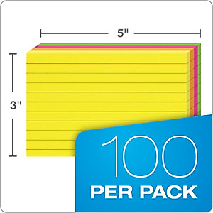 Oxford Neon Index Cards, 3" x 5", Ruled, Assorted Colors, 300 Per Pack (81300EE)