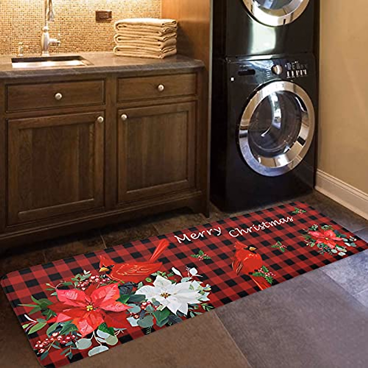 Kitchen Rug and Mat Set Merry Christmas Cardinal Poinsettia,Non-Slip Doormats Comfort Durable Floor Runner,Farm Berries Red Black Buffalo Check Washable Standing Carpet for Bedroom Living Room Decor