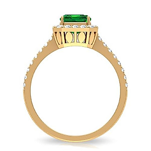 Rosec Jewels Lab Grown Emerald Diamond Halo Engagement Ring, AAAA Quality, Certified Emerald 6X8 MM Emerald Cut Engagement Ring, 14K Yellow Gold, Size:US 7.00