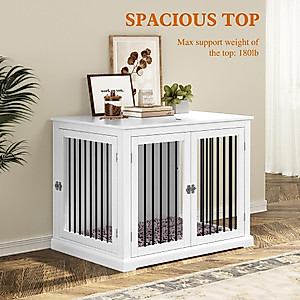 PUPETPO Dog Crate Furniture with Cushion, Dog Crate End Table Large, Indoor Dog Kennel, Dog House, Dog Cages for Large Dogs, Furniture Style Dog Crate with Flip-top, Chew-Proof Metal Bars, White