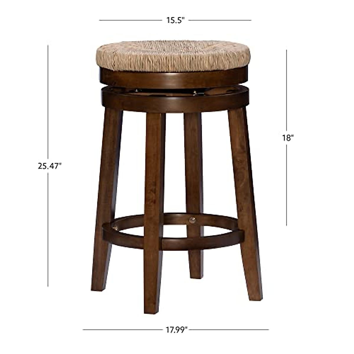 Powell Maya Walnut Backless Counter Stool with Woven Seagrass Swivel Seat