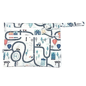 BapronBaby Tiny Town Wet Dry Bag - Waterproof Two Zipper Pockets - Reusable for Mealtime, Diapers, Stroller, Snacks, Swimsuits - Machine Washable - 11" x 9"