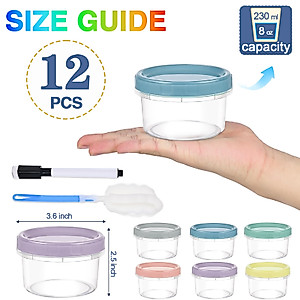 Yomarket 12pcs 8 oz Plastic Containers with Screw Lids, Reusable Clear Food Storage Containers with Pen and Brush for Snack Salad Fruit, Leakproof Small Freezer Containers, Microwave & Dishwasher Safe