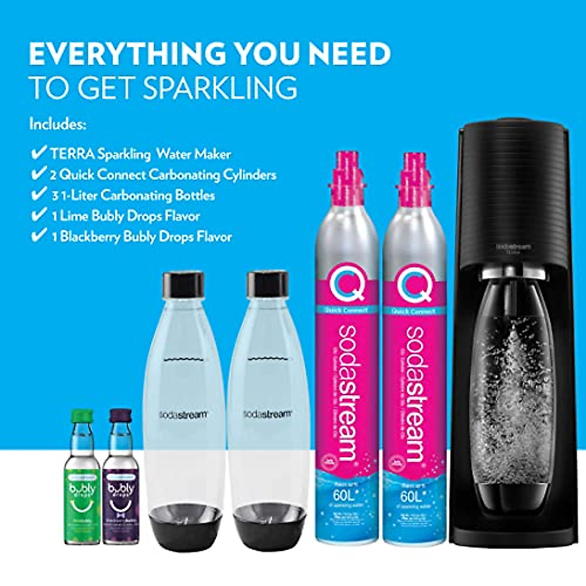 SodaStream Terra Sparkling Water Maker Bundle (Black), with CO2, DWS Bottles, and Bubly Drops Flavors