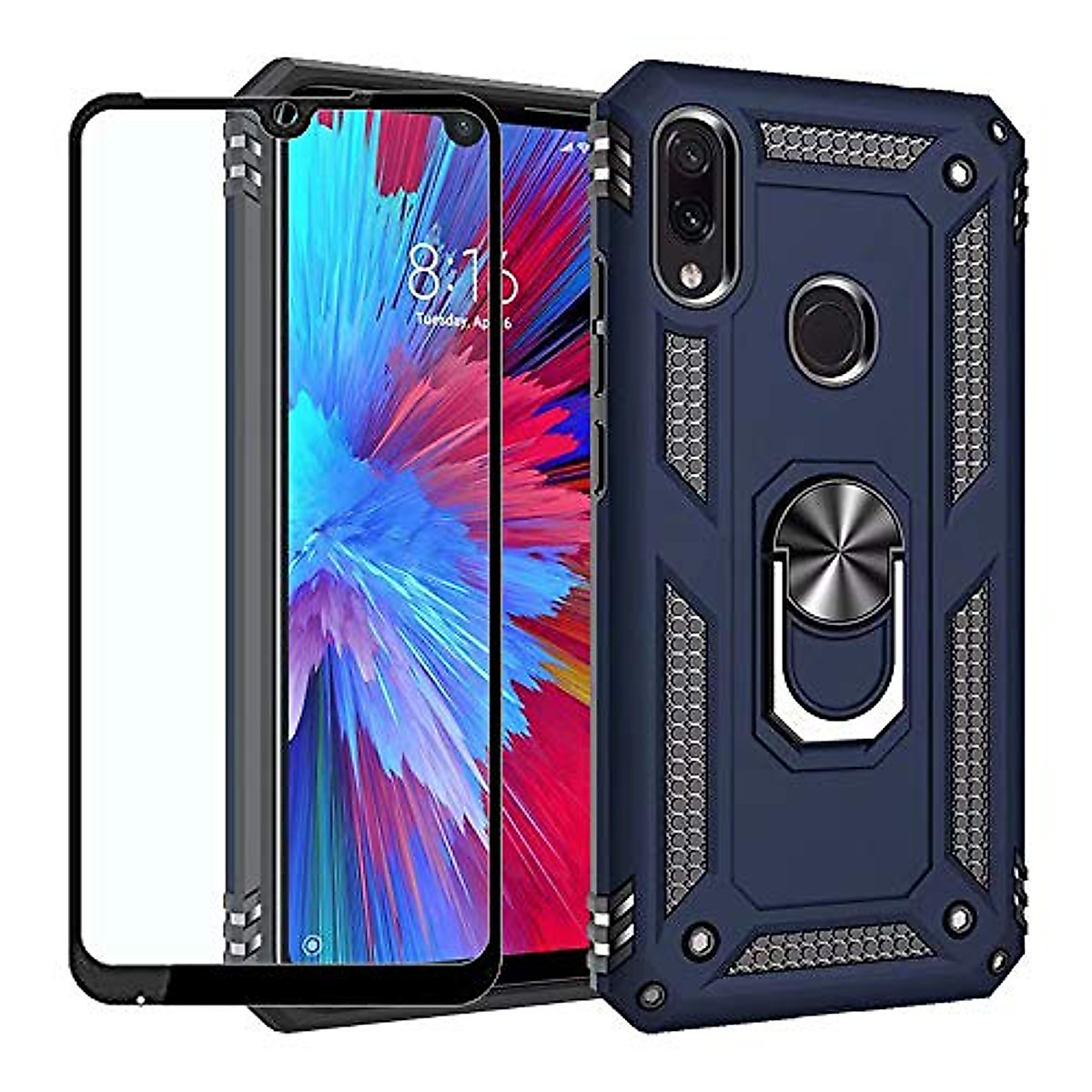 Strug for Xiaomi Redmi Note 7/Redmi Note 7 Pro Case,Heavy Duty Shockproof Protection Built-in 360 Rotatable Ring Magnetic Car Mount Case with Screen Protector for Xiaomi Redmi Note 7(Blue)