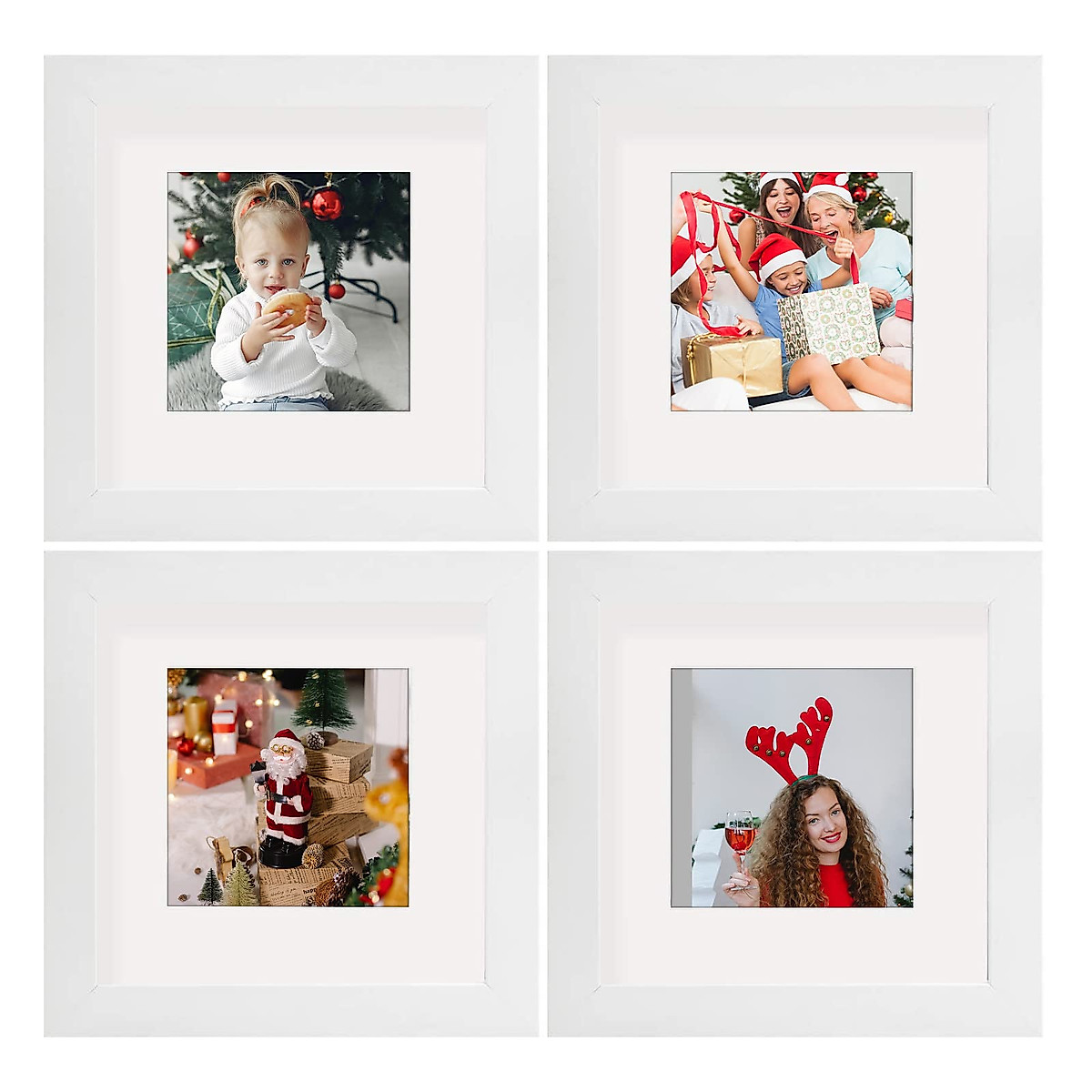 Golden State Art, 6x6 White Photo Frame-Display Photos 4x4 with White Mat or 6x6 without Mat - Solid Wood, Real Glass, Set of 4 (Wall Display)