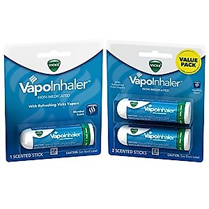 VapoInhaler, On-the-Go Portable Nasal Inhaler, Non-Medicated, With Refreshing Vicks Vapors, Menthol Scent, 3 Scented Sticks