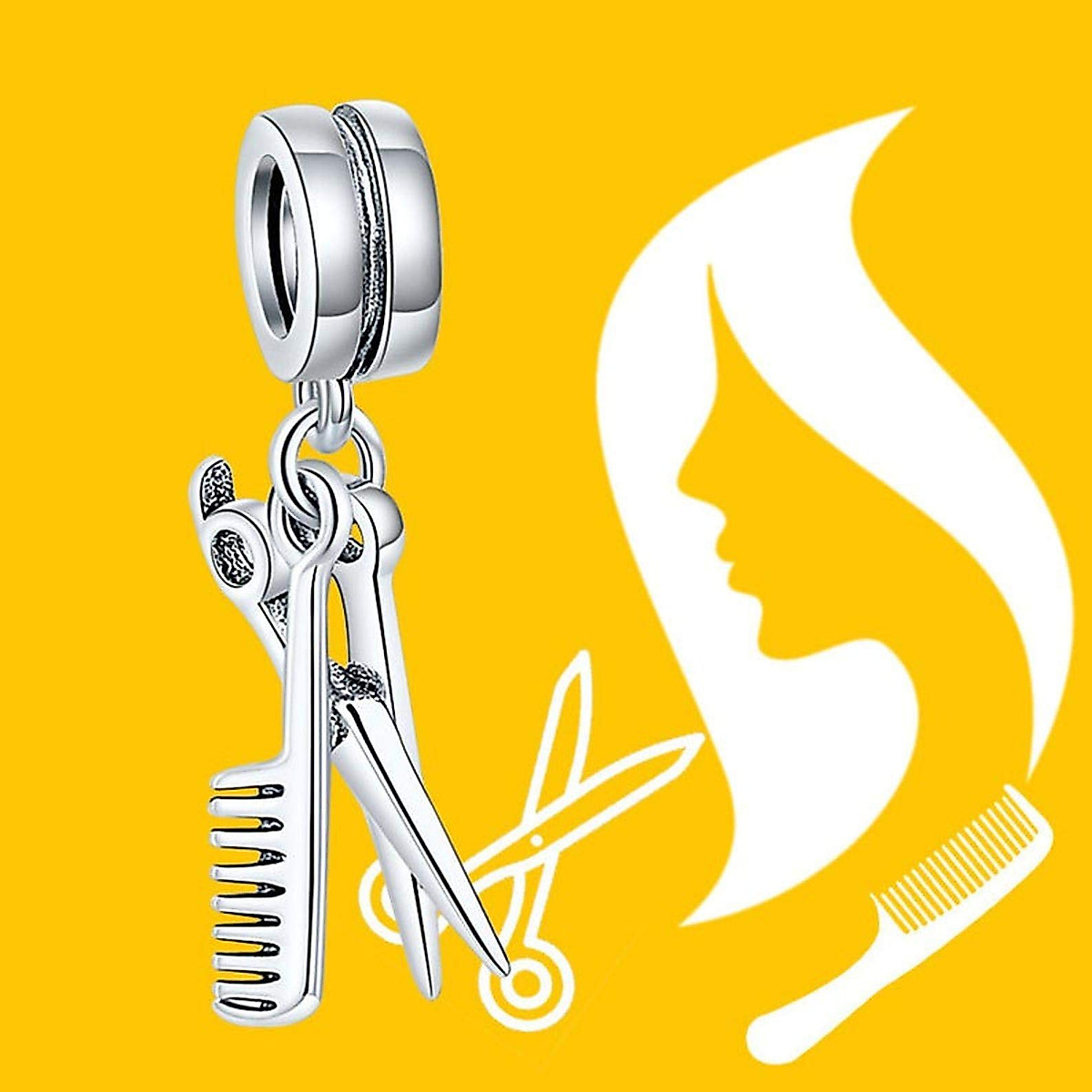 Hairdresser Hair Scissor Comb Salon Hairstylist Pendant Bead 925 Sterling Silver for Pandora & Similar Charm Bracelets or Necklaces