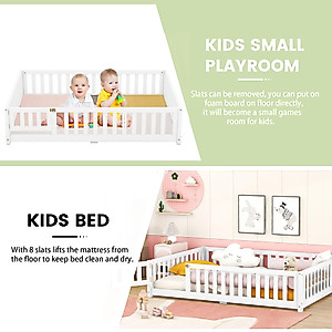 Full Size Floor Bed for Kids, Wood Montessori Bed with Slats, Safety Fence & Door, Playhouse Floor Bed Frame with Rails for Girls Boys Children Teens, White