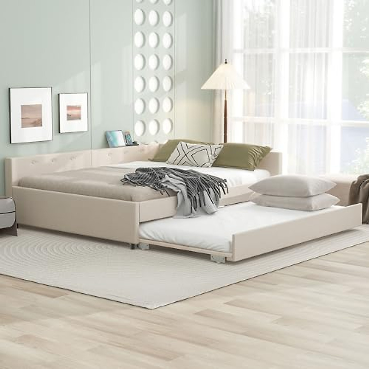 CABSETT Queen Size Upholstered Platform Bed with Trundle, Wood Daybed Frame Sofa Bed with USB for Bedroom Living Room Guest Room, Wood Slat Support, Space Saving Design, Beige