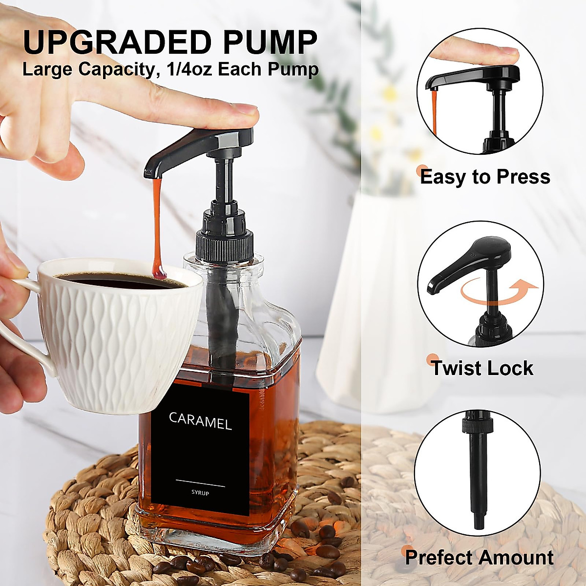 GMISUN Coffee Syrup Dispenser for Coffee Bar, Square Syrup Pump Dispenser with 1/4oz Large Capacity Pump, Coffee Syrup Bottles for Coffee Syrup, Glass Syrup Dispenser Bottle for Syrup, Organizer 16oz