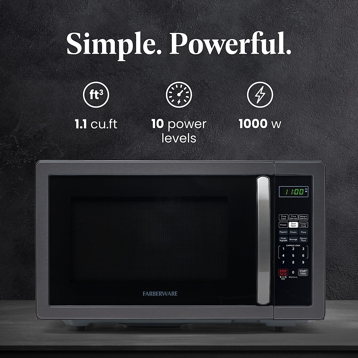 Farberware Countertop Microwave 1000 Watts, 1.1 cu ft - Microwave Oven With LED Lighting and Child Lock - Perfect for Apartments and Dorms - Easy Clean Black Stainless Steel