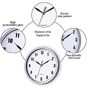 SAC SMARTEN ARTS 8" Silent Quartz Wall Clock Non-Ticking Digital Silver Wall Clocks