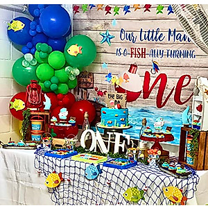 Mocsicka Gone Fishing Birthday Party Backdrop O-Fish-Ally 1st Birthday Party Decoration for Boy Rustic Wooden Cake Smash Photography Background (7x5ft)