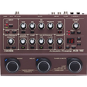 Boss AD-10 Acoustic Preamp Bundle with Roland Power Adapter, 10ft Instrument Cable, 6in Patch Cable, and Picks